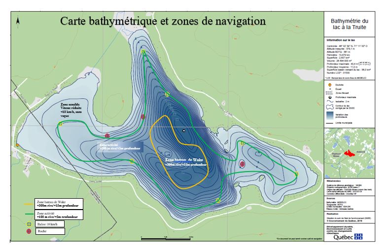 Carte bathymétrique et zones de navigation – Lac à la Truite